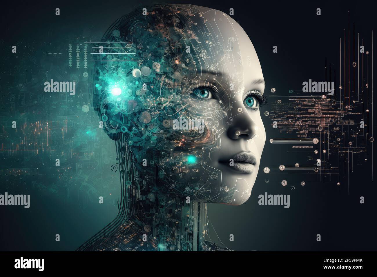 Female digital face, realistic 3d render of human robot, AI Stock Photo ...