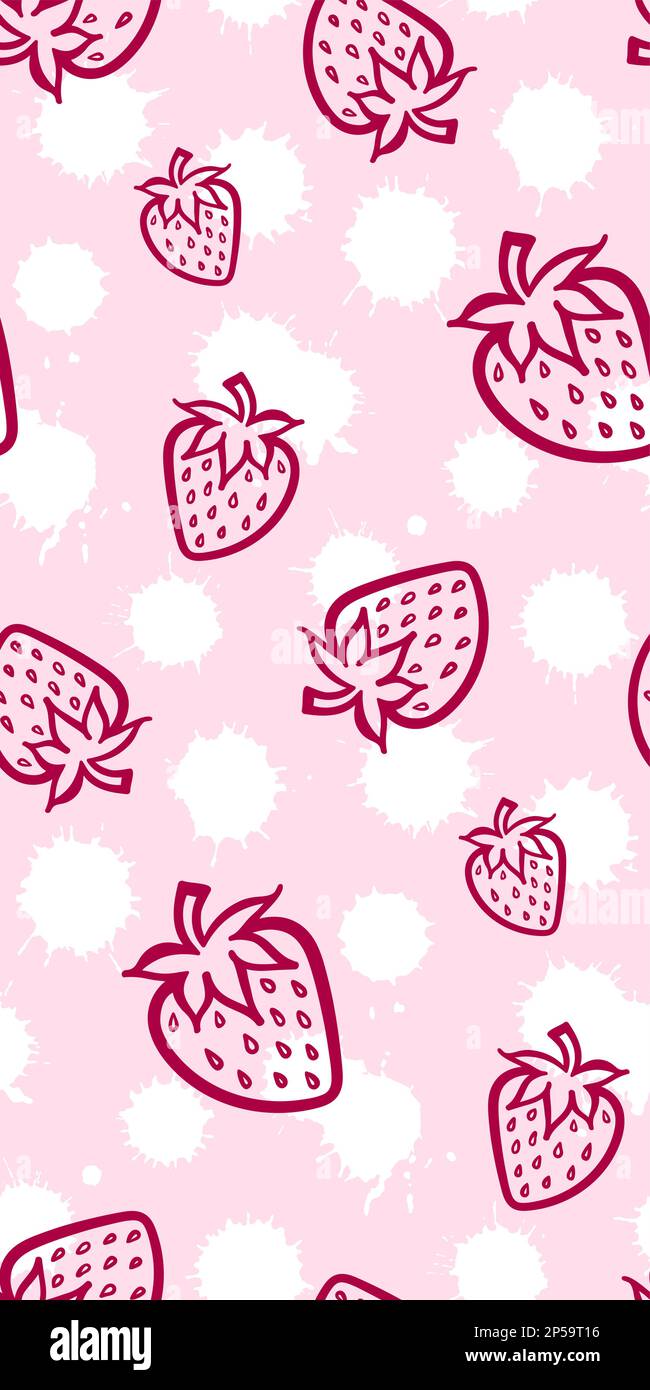 Strawberry berry cream monochrome pink white sketch seamless pattern ...