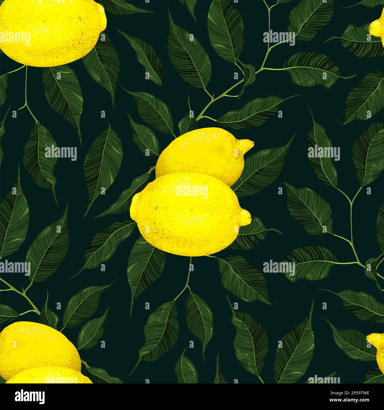 Yellow lemon citrus fruit branch with green leaves seamless pattern texture background vector ...
