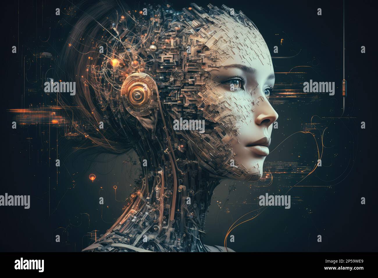 Futuristic cosmic goddess AI, 3d rendering, digital female robot face ...