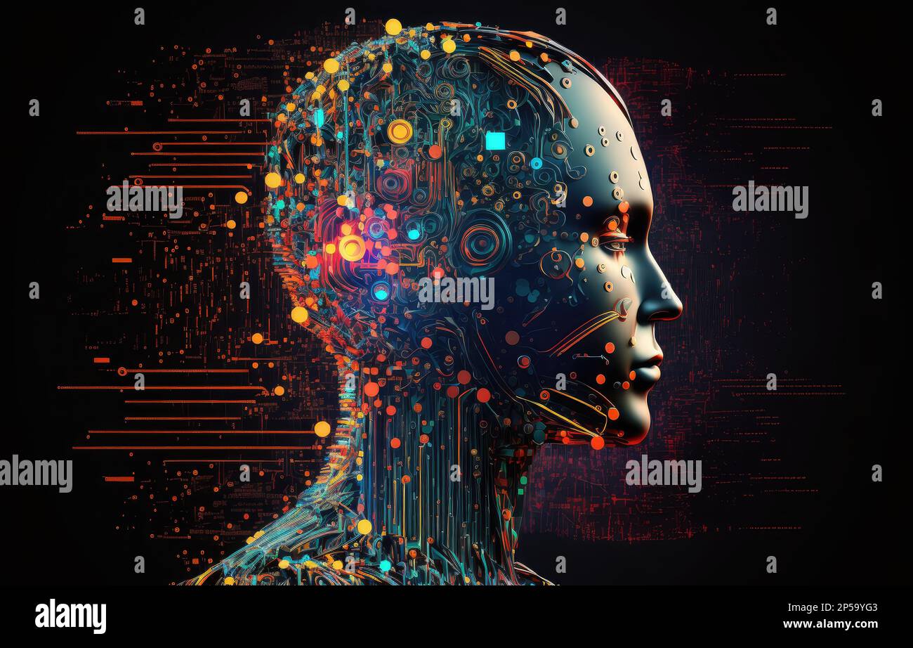 Digital female face, high tech futuristic head on dark background Stock ...