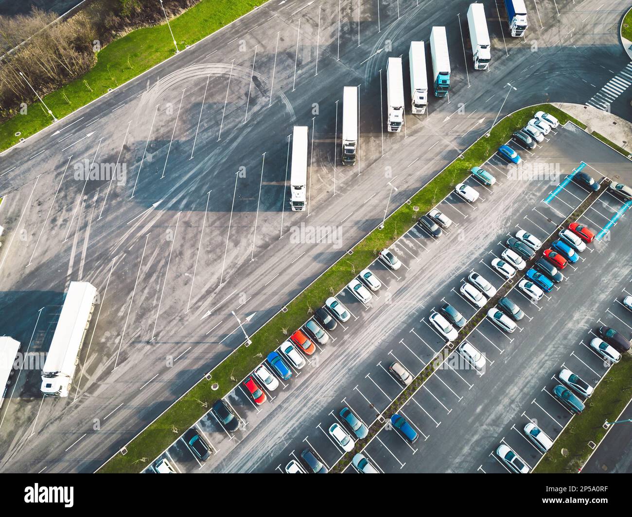 Aerial view of two parking lots, one for trucks and one for cars Stock ...