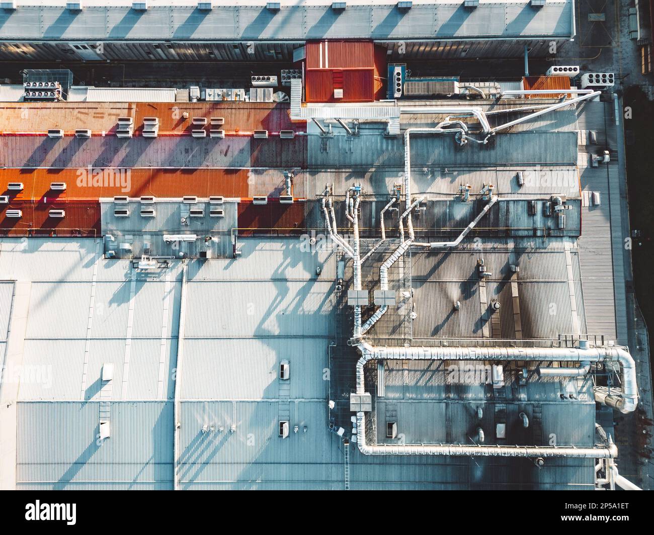 Directly above, looking down at the roof top of distribution center ...