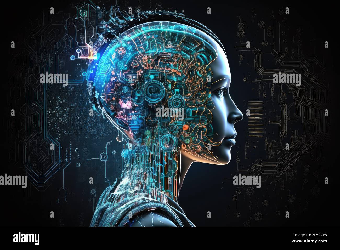 Side view, 3d rendering of female robot, artificial intelligence ...