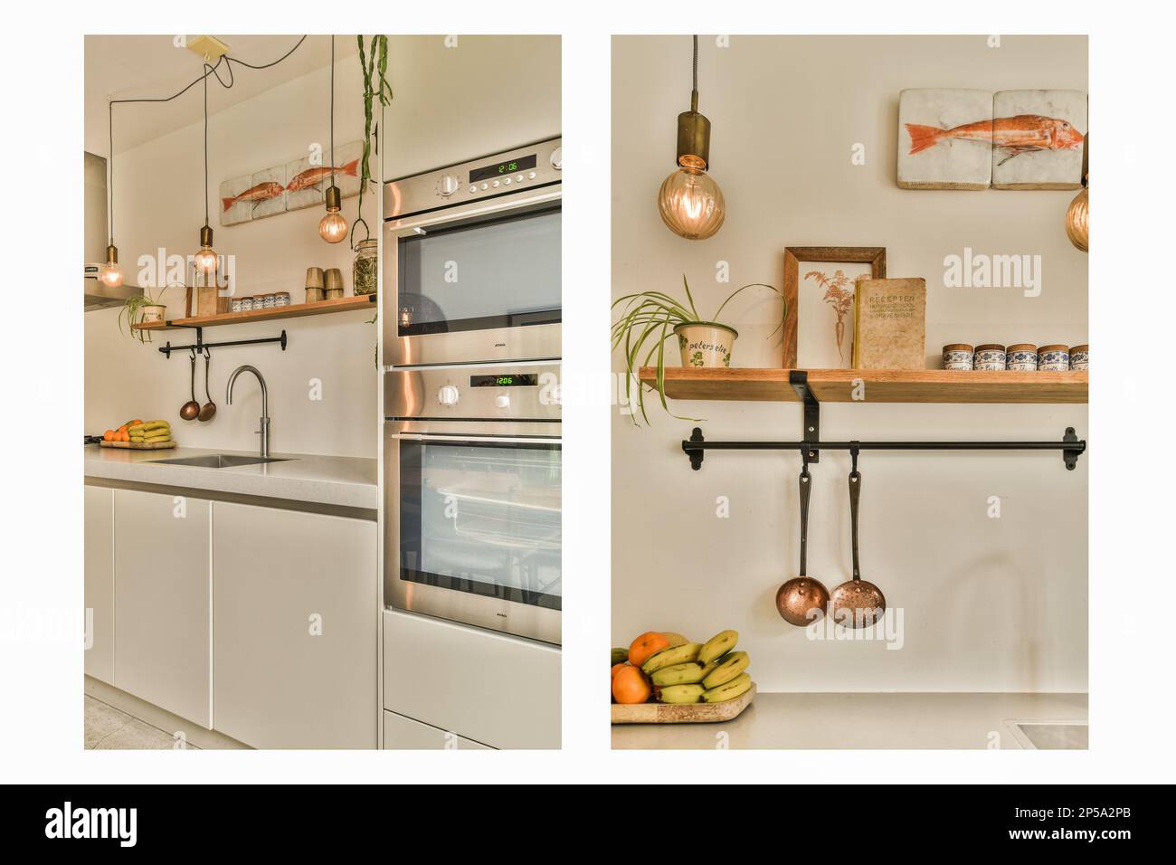 a kitchen with various items hanging on the wall and above it is an ...