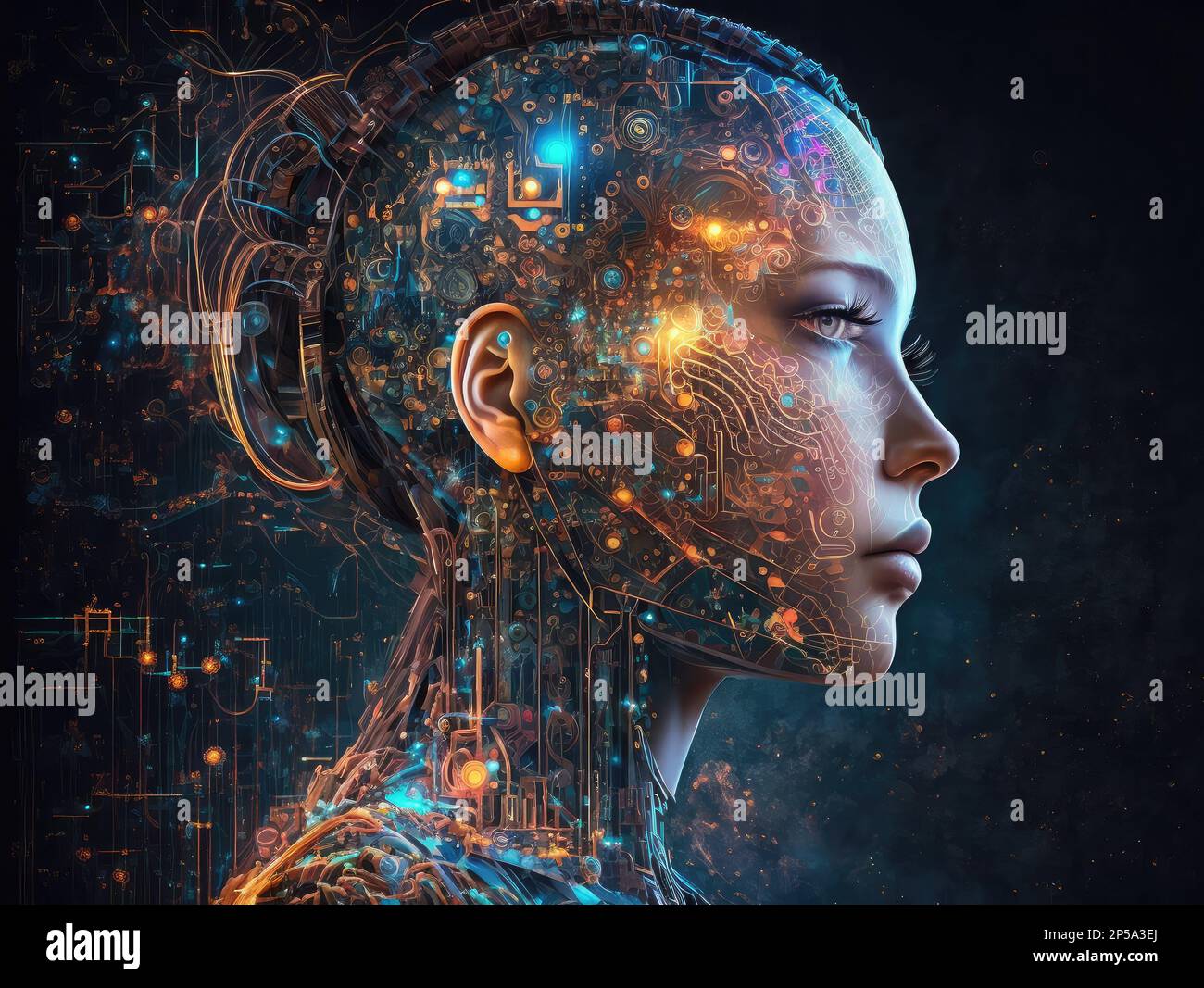 Realistic 3D rendering of a female robot digital face on dark ...