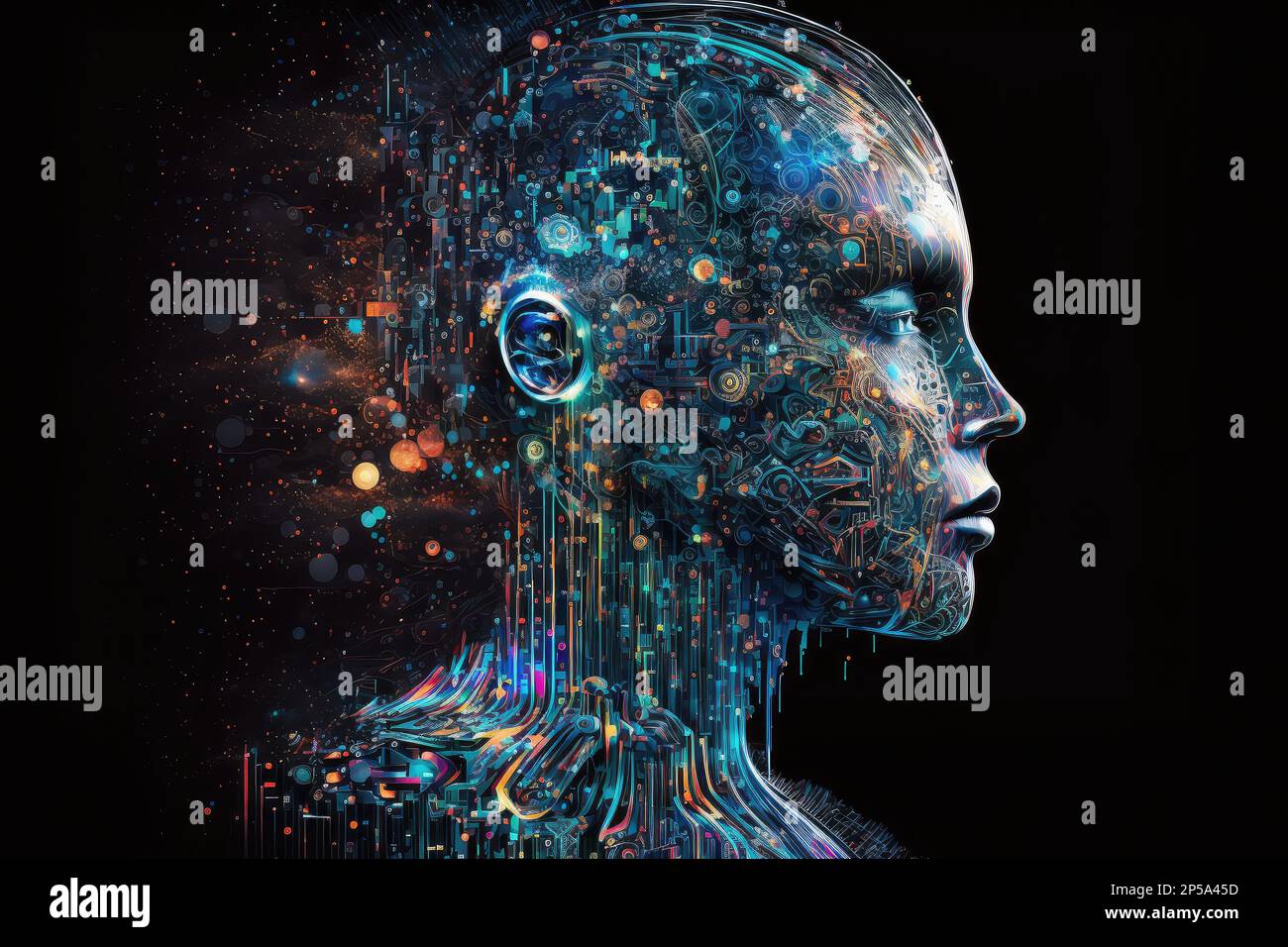 3D render human face robot, high technology, artificial intelligence ...