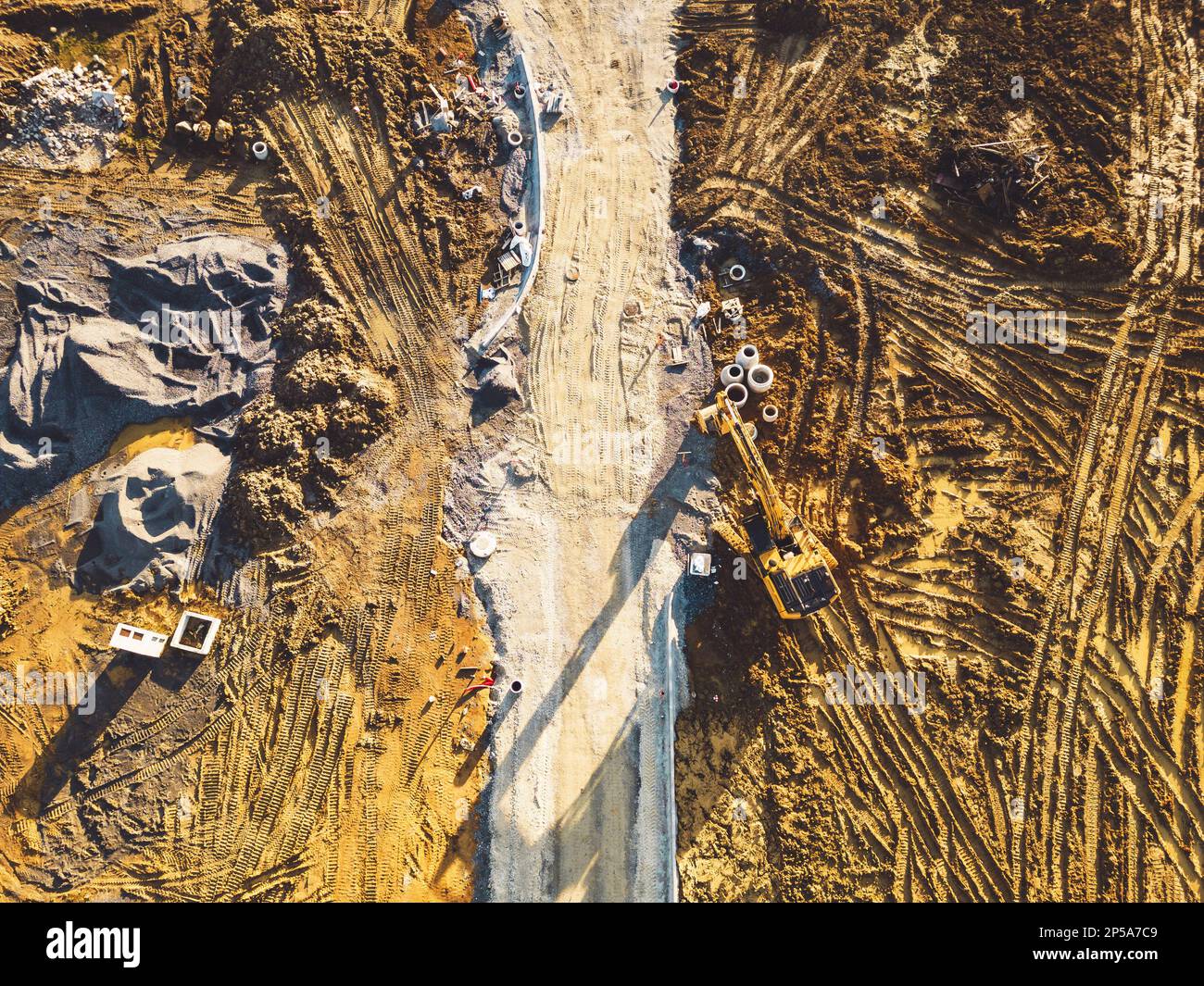 Top down view of construction area with leveling ground and land being ...