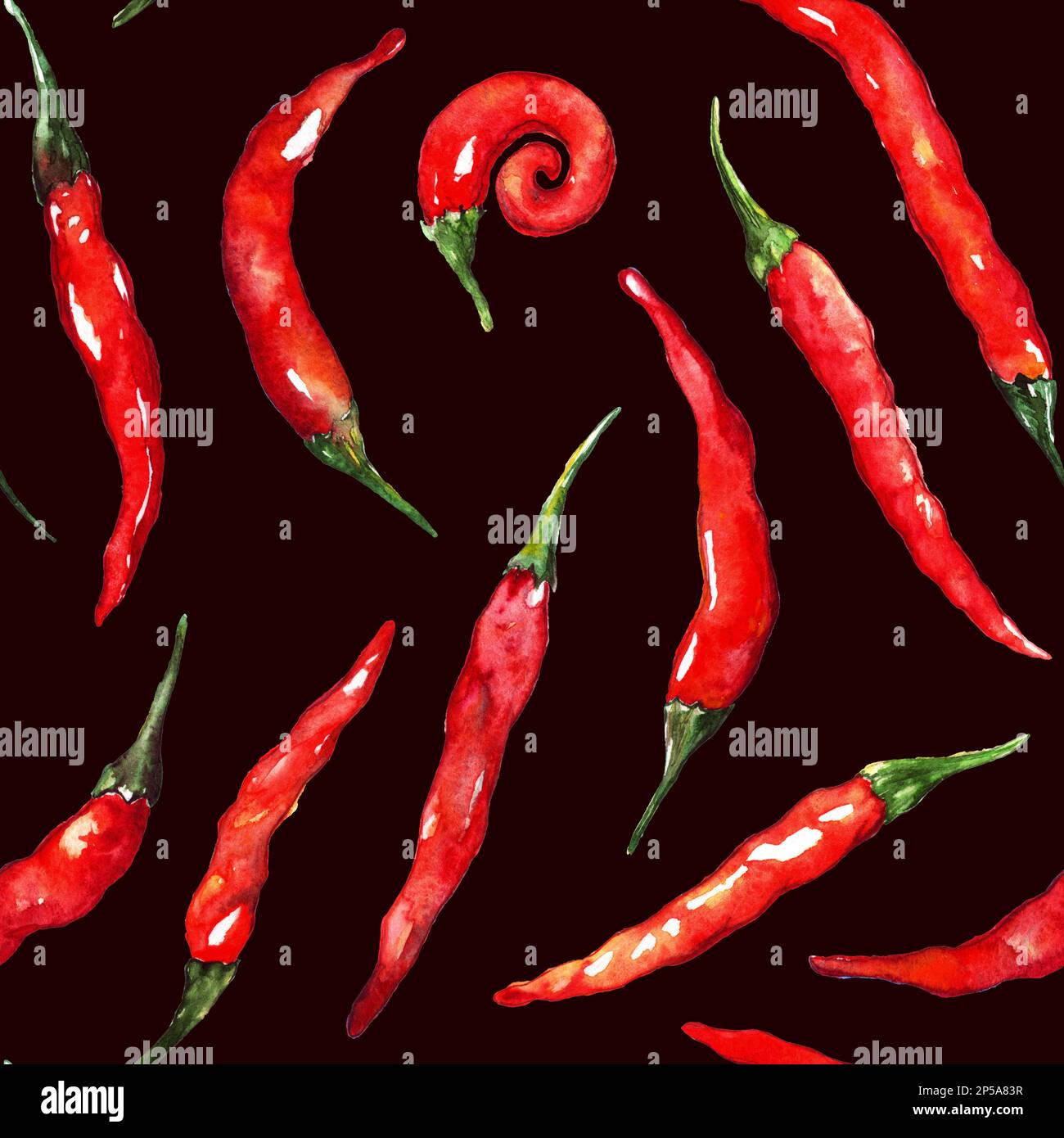 Watercolor red hot chili chilli spicy pepper seamless pattern texture ...