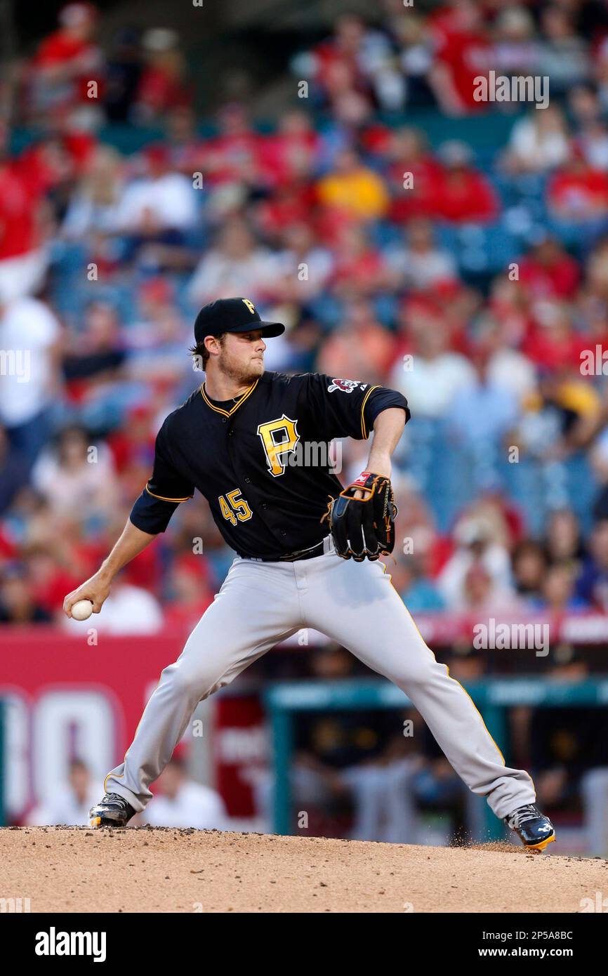 Gerrit Cole #45 of the Pittsburgh Pirates pitches against the Los ...