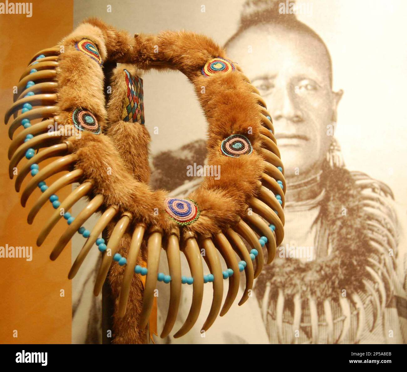 This grizzly claw necklace, with glass beads, otter fur and ribbon, is ...