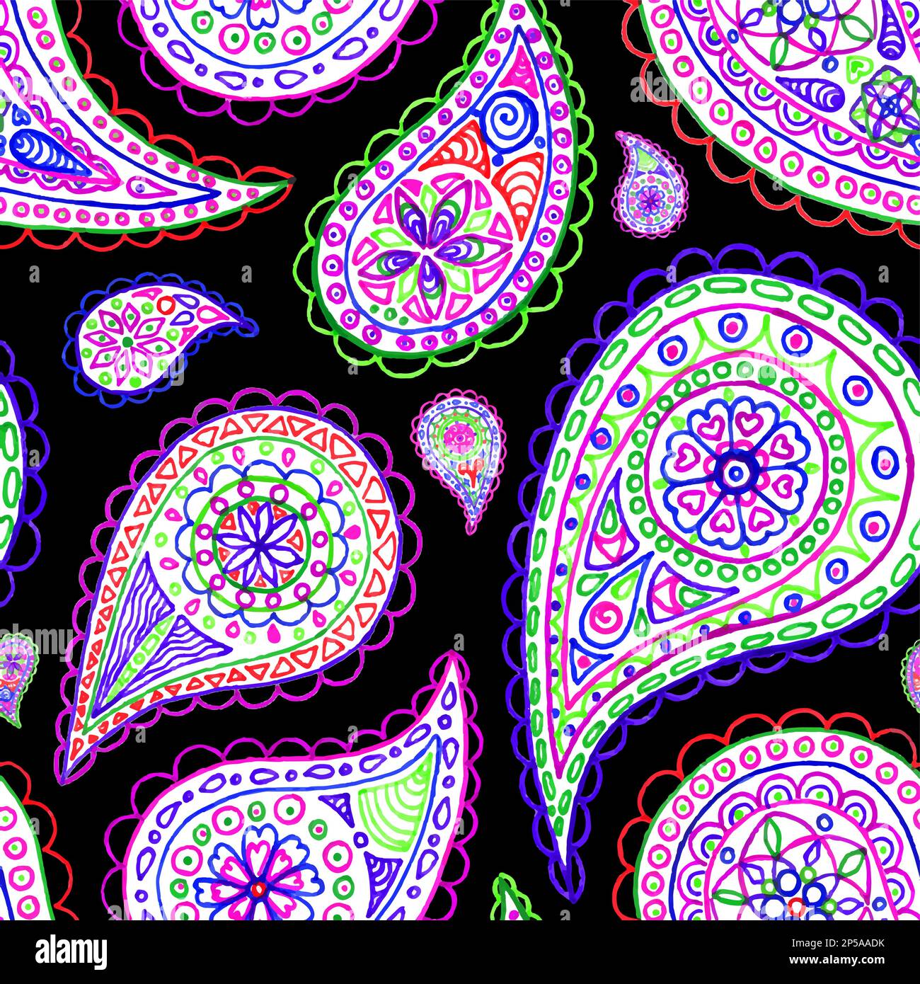 Paisley buta doodle colorful line art seamless pattern vector Stock ...