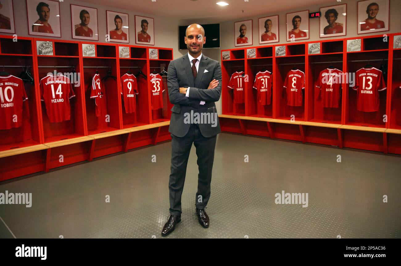 New FC Bayern Muenchen Head Coach Pep Guardiola poses for photos as he ...