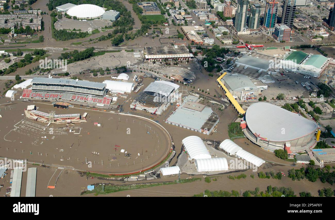 This aerial photo shows a flooded Calgary Stampede stadium and ...