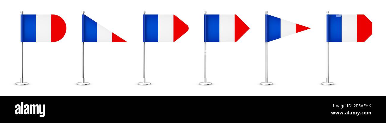Realistic various French table flags on a chrome steel pole. Souvenir ...