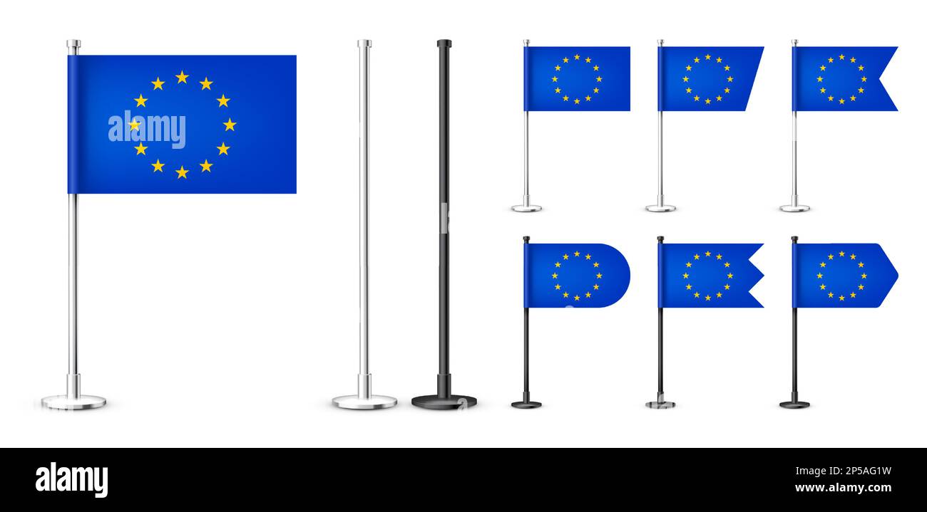 Realistic various European table flags on a chrome steel pole. Souvenir ...