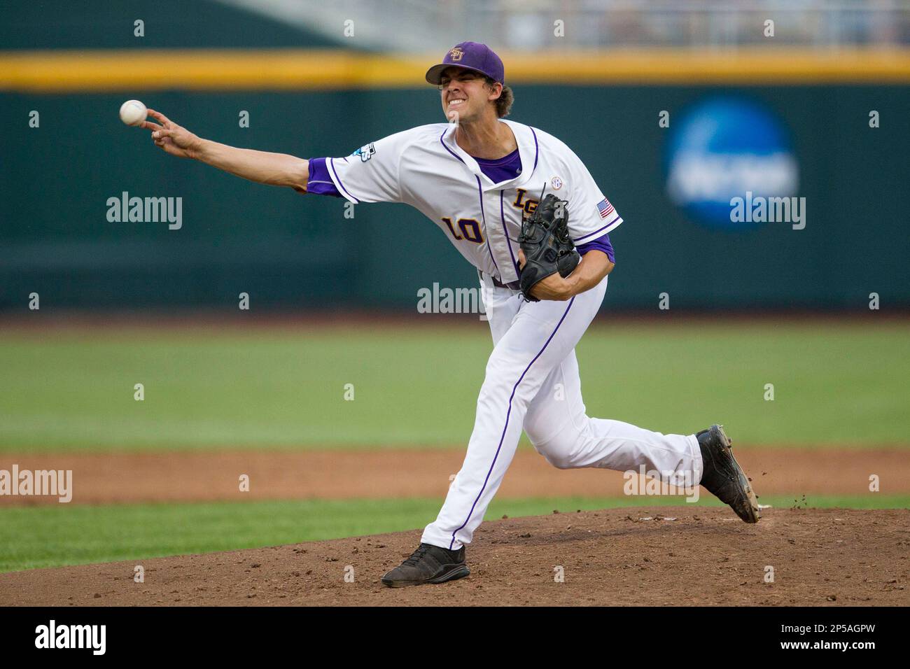 LSU Tiger pitcher Aaron Nola (10) delivers a pitch to the plate during ...