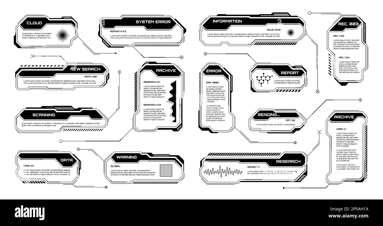 Black futuristic HUD, UI elements. Sci-fi user interface text boxes ... Black futuristic HUD, UI elements. Sci-fi user interface text boxes ...