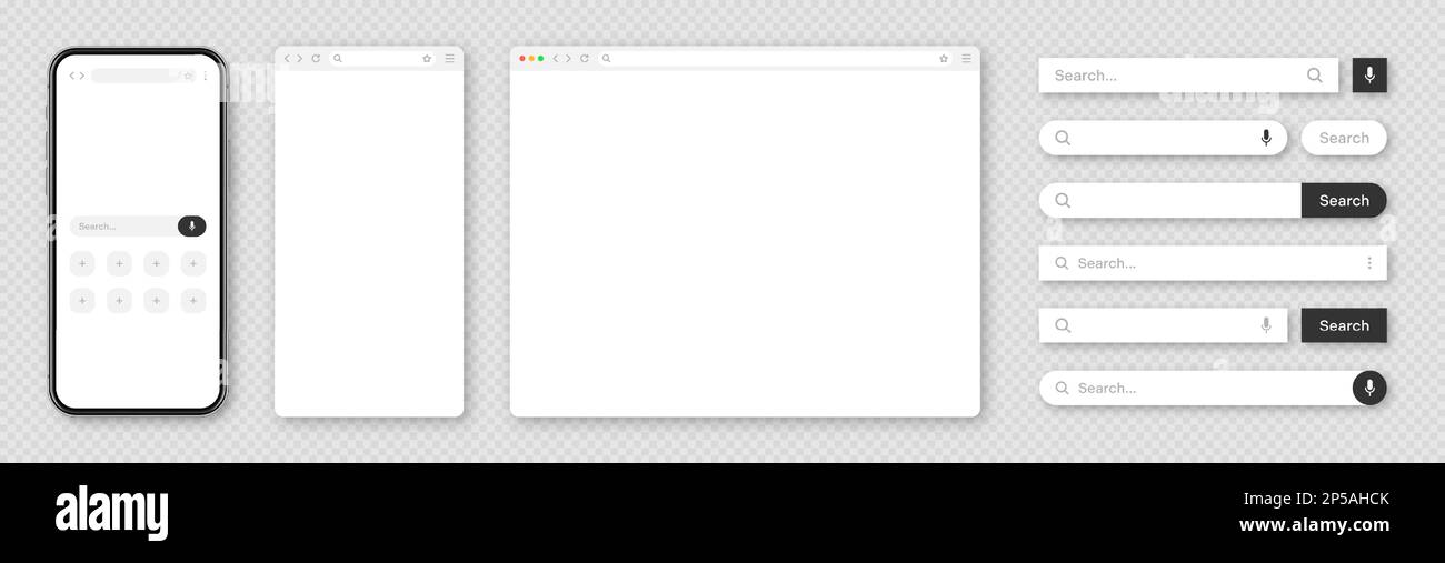 Smartphone, blank internet browser window with various search bar ...