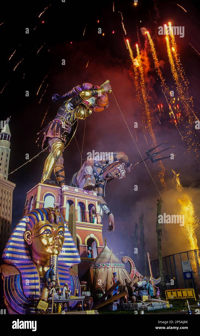 Falla of Plaza del Ayuntamiento and fireworks,Fallas festival,Valencia ...