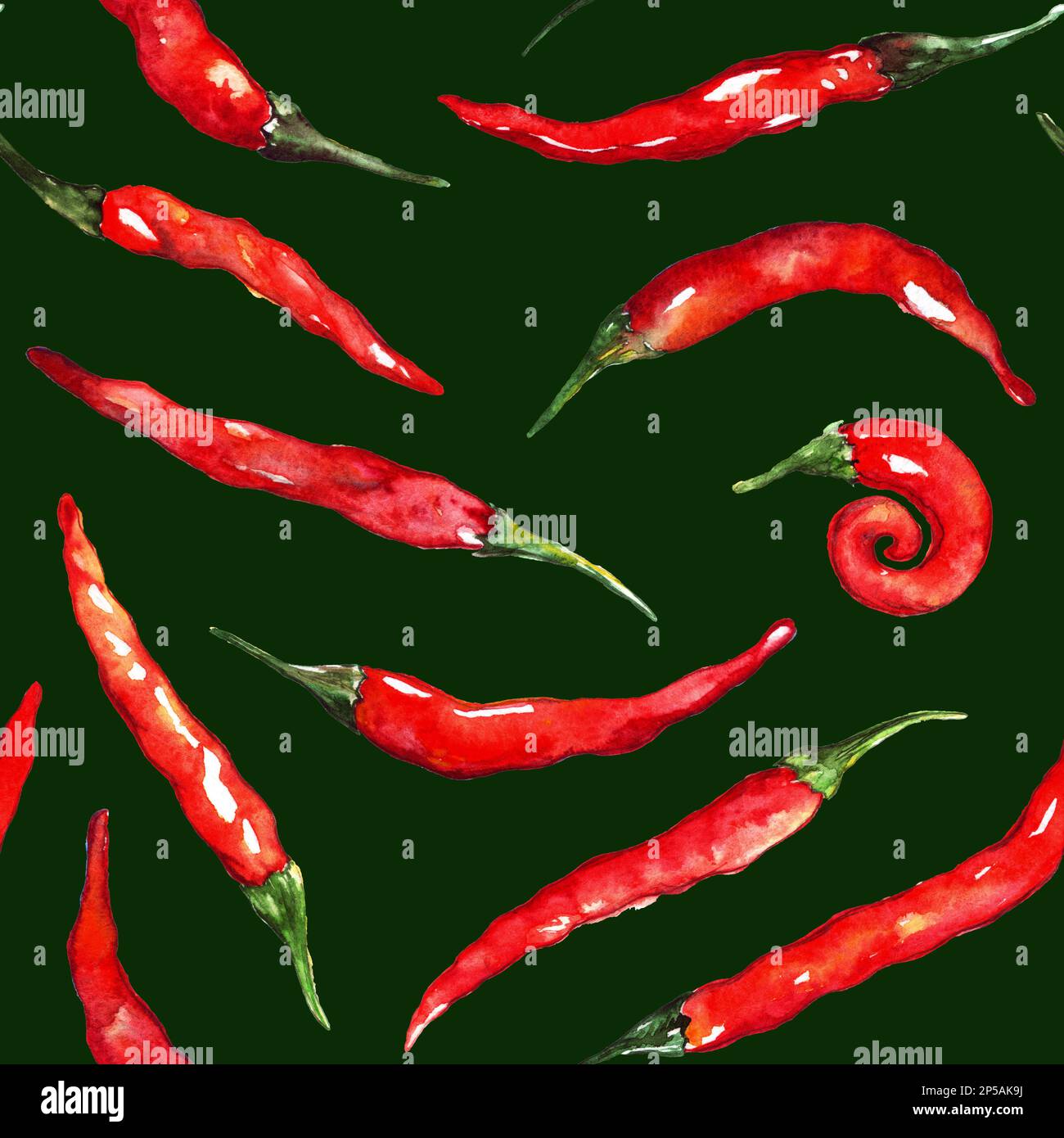 Watercolor red hot chili chilli spicy pepper seamless pattern texture ...