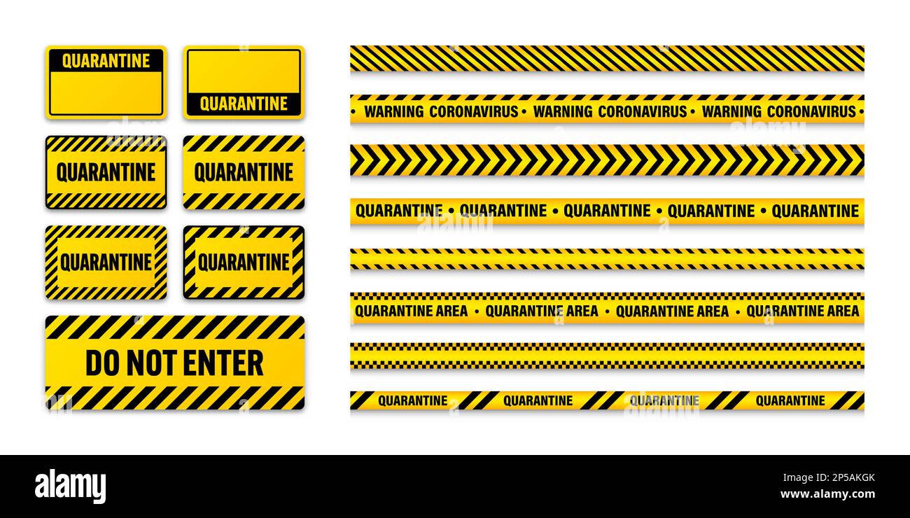 Various quarantine zone warning tapes and shields. Novel coronavirus ...