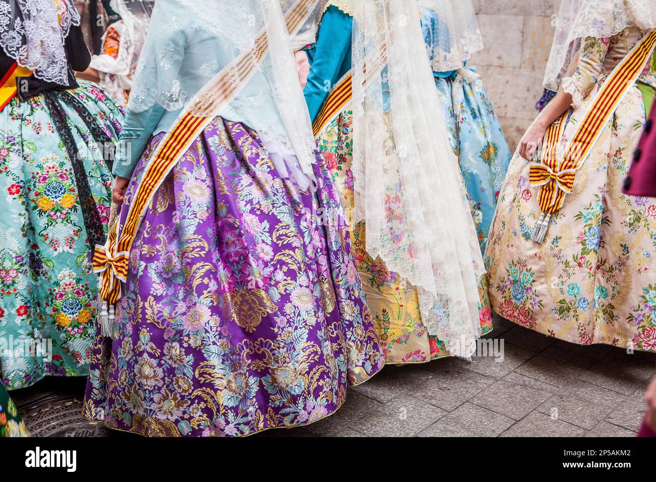 Detail, women in Fallera Costumes during Flower offering parade ...