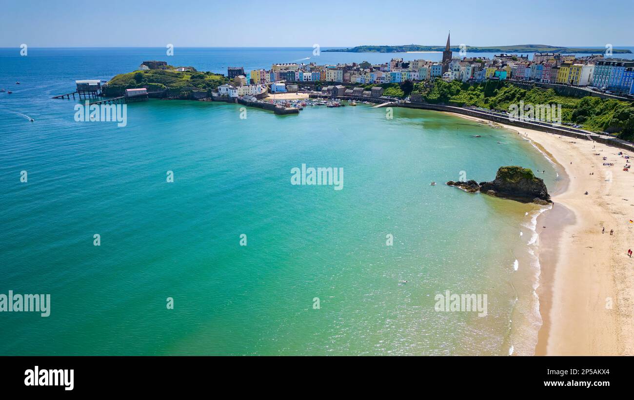 Aerial view of North Beach and the harbor of Tenby, Wales Stock Photo ...