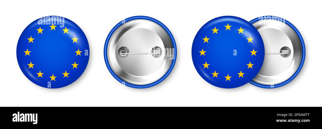 Realistic button badge with printed European flag. Souvenir from Europe ...