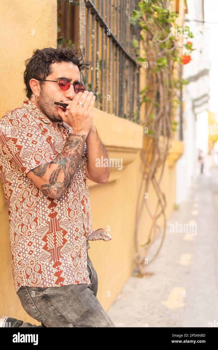 Street singer playing his harmonica in Colombia Stock Photo - Alamy