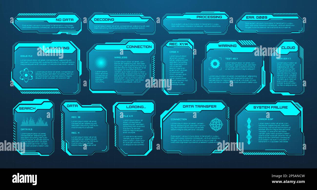 Blue futuristic HUD or UI elements. Sci-fi user interface text boxes, callouts. Warning message ...