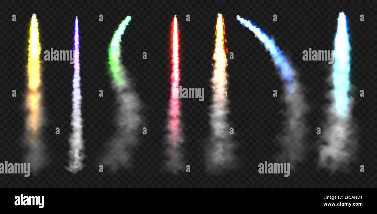 Realistic colorful space rocket trails. Festive fireworks launch. Fire ...