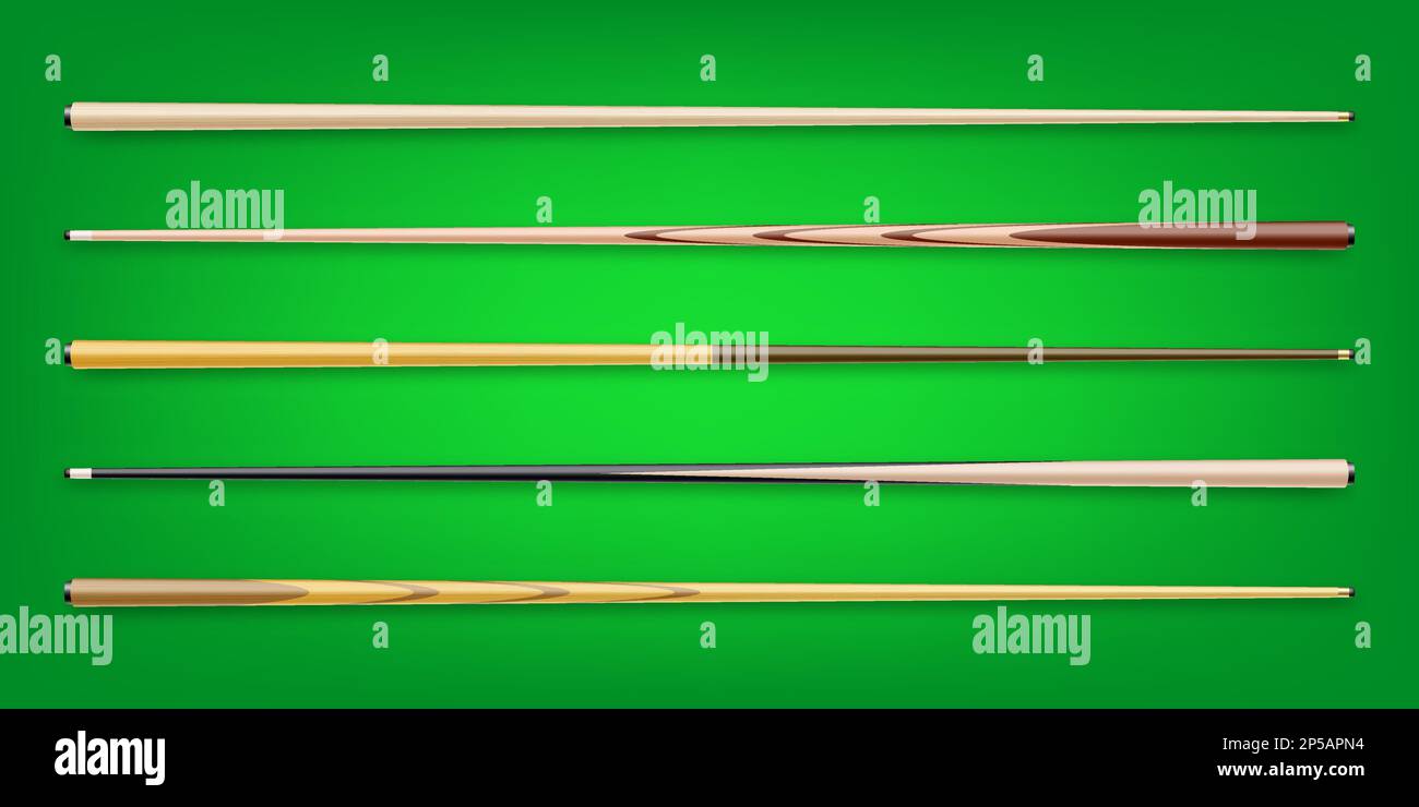Various wooden billiard cues on green background. Snooker sports equipment. Vintage pool cue ...