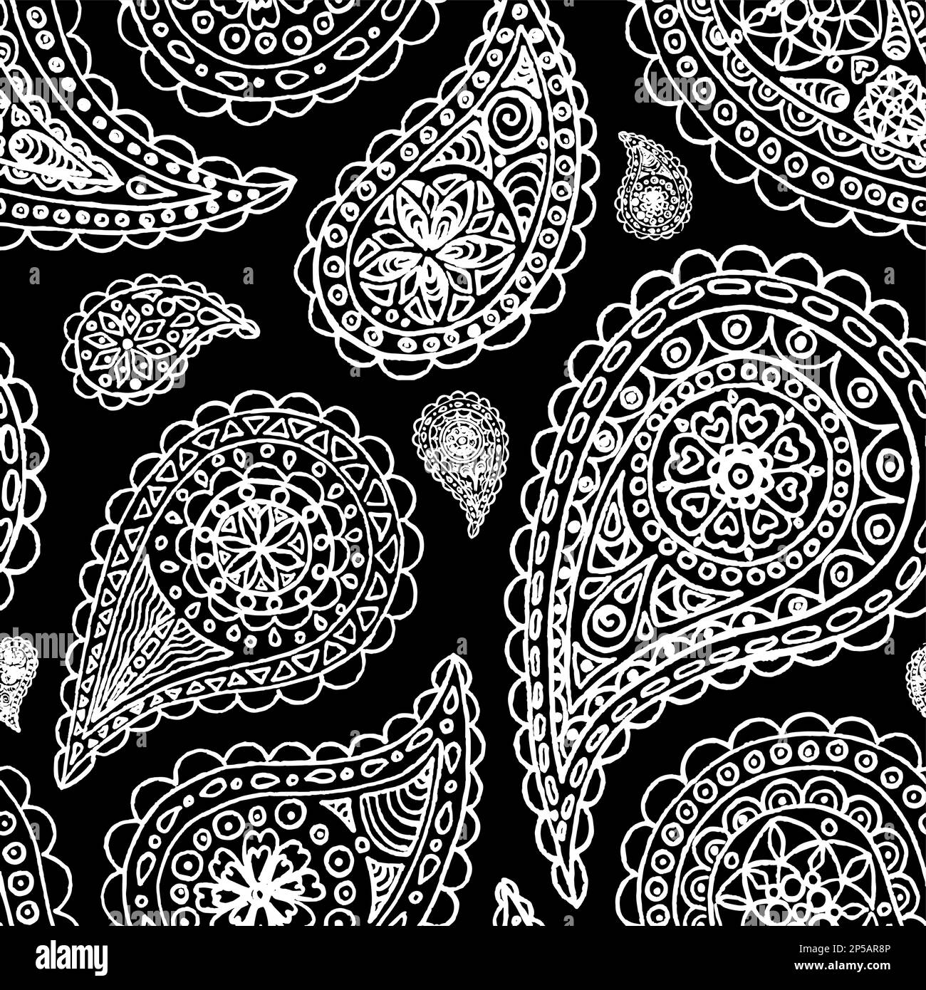 Paisley buta doodle monochrome line art seamless pattern vector Stock ...