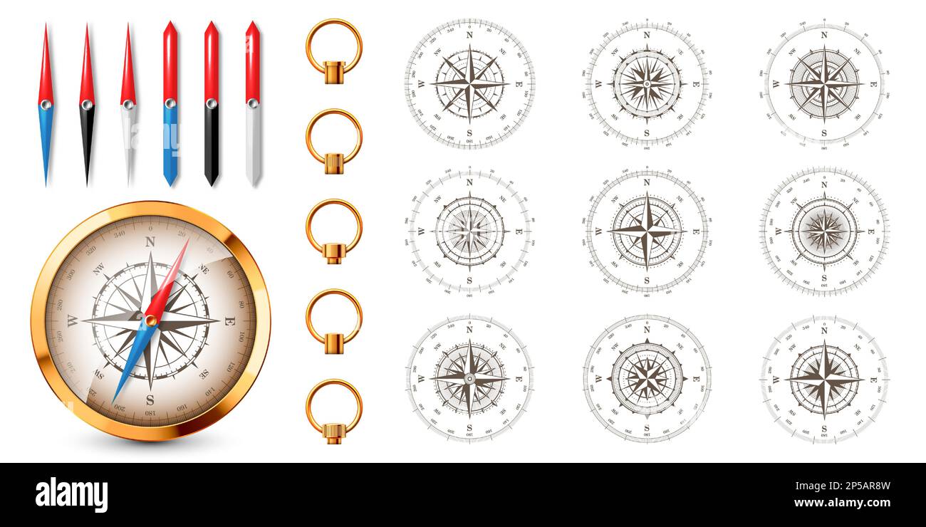 Realistic golden vintage compass with marine wind rose and cardinal ...