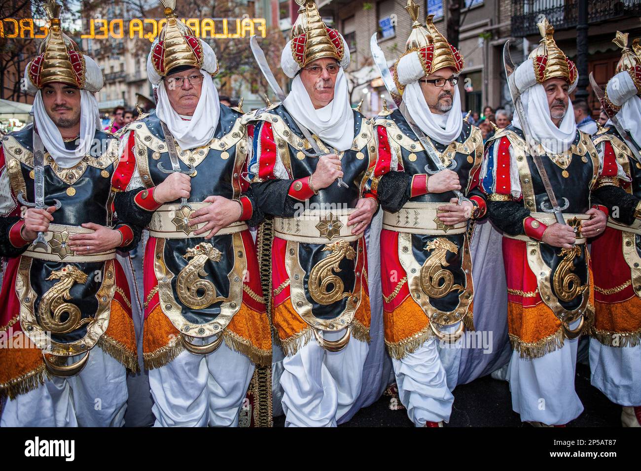 Moros y Cristianos parade during Fallas festival, in plaza del mercado ...