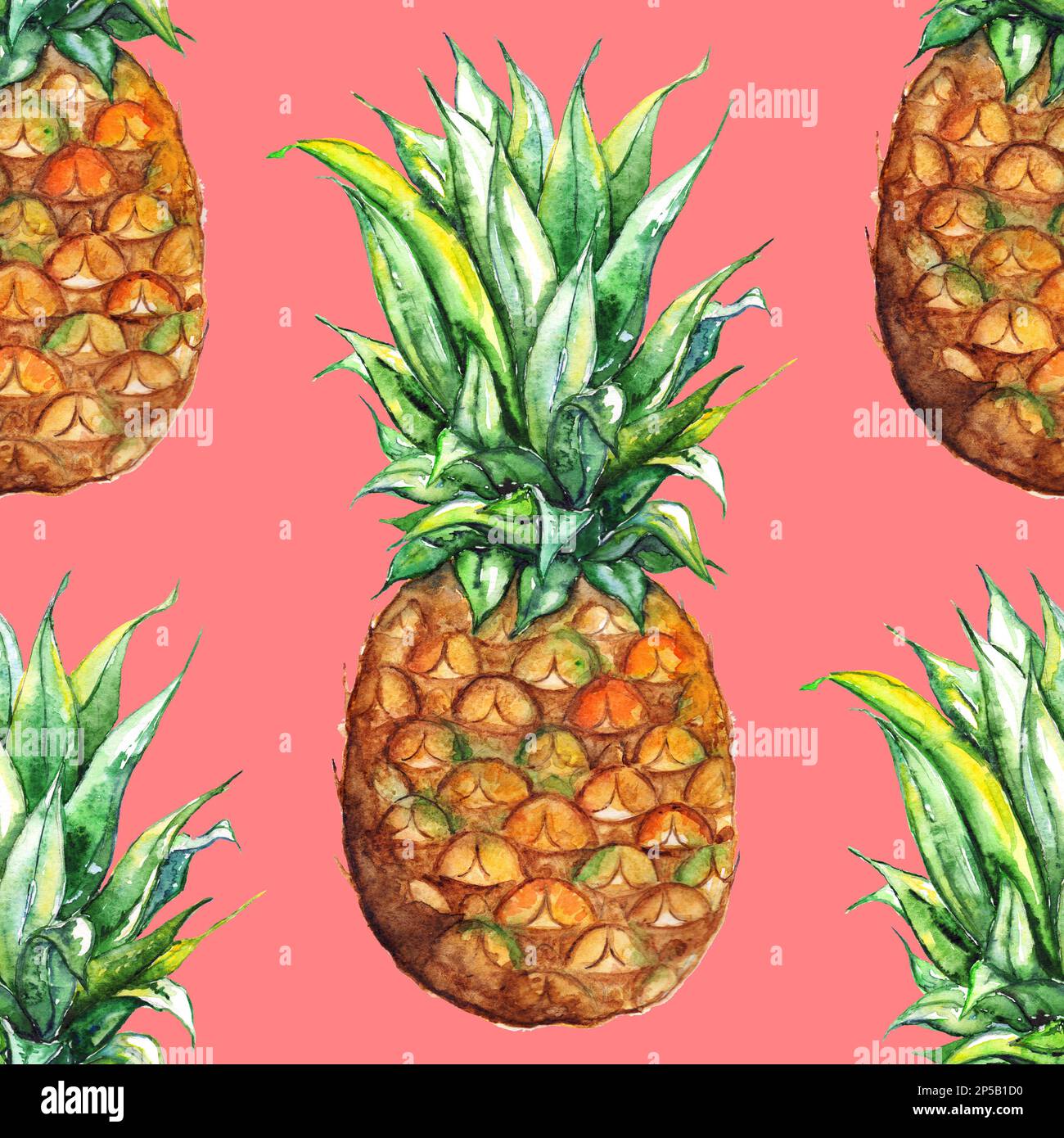 Watercolor pineapple exotic tropical fruit seamless pattern texture ...