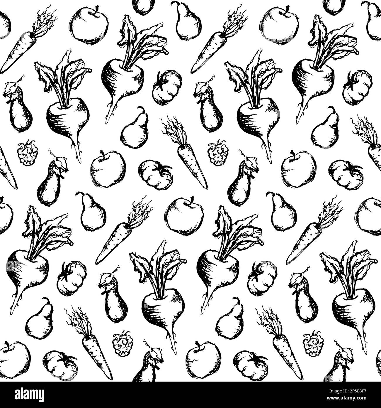 Vegetable fruit monochrome ink hand drawn set seamless pattern texture ...