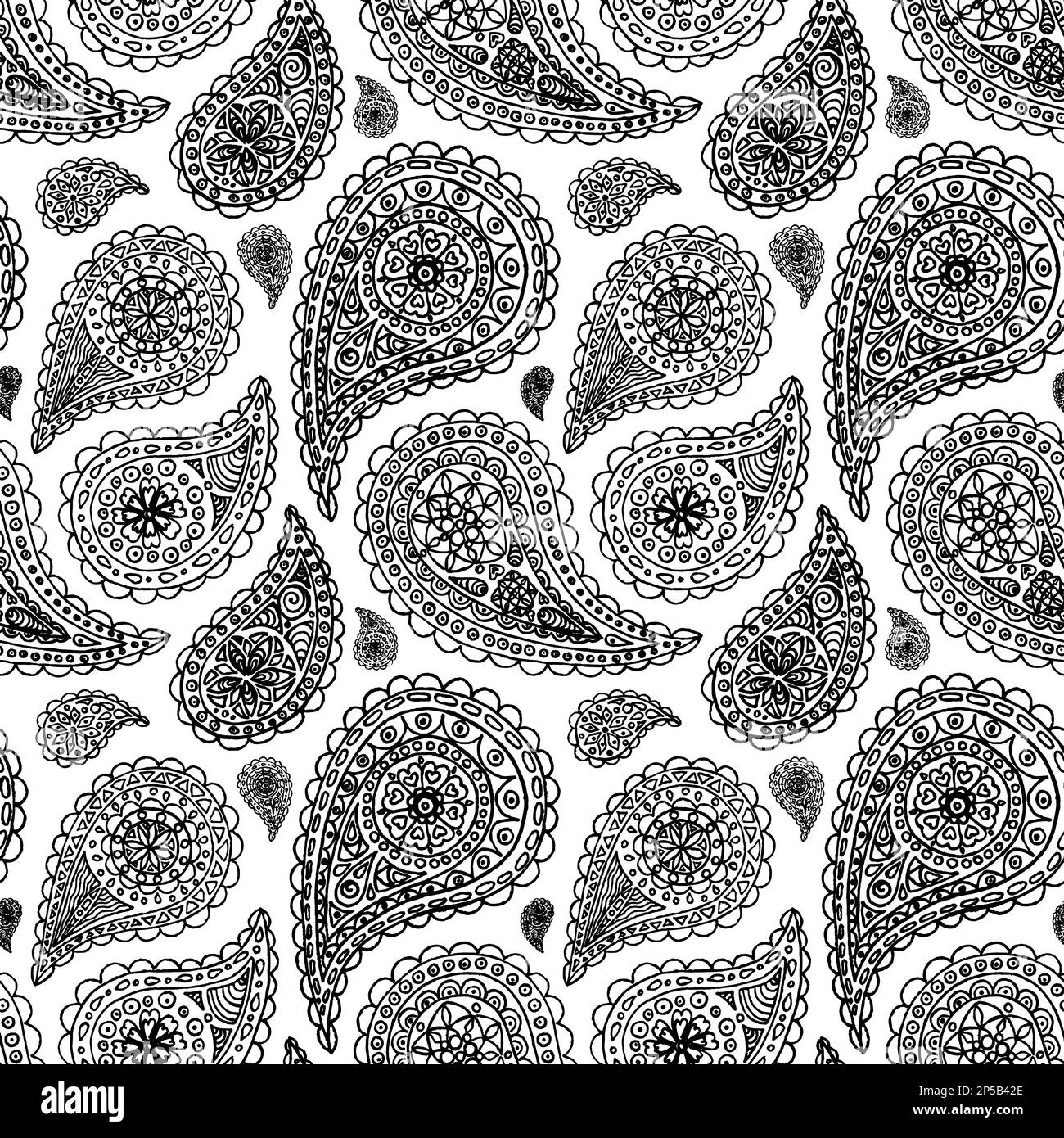 Paisley buta doodle monochrome line art seamless pattern Stock Photo ...