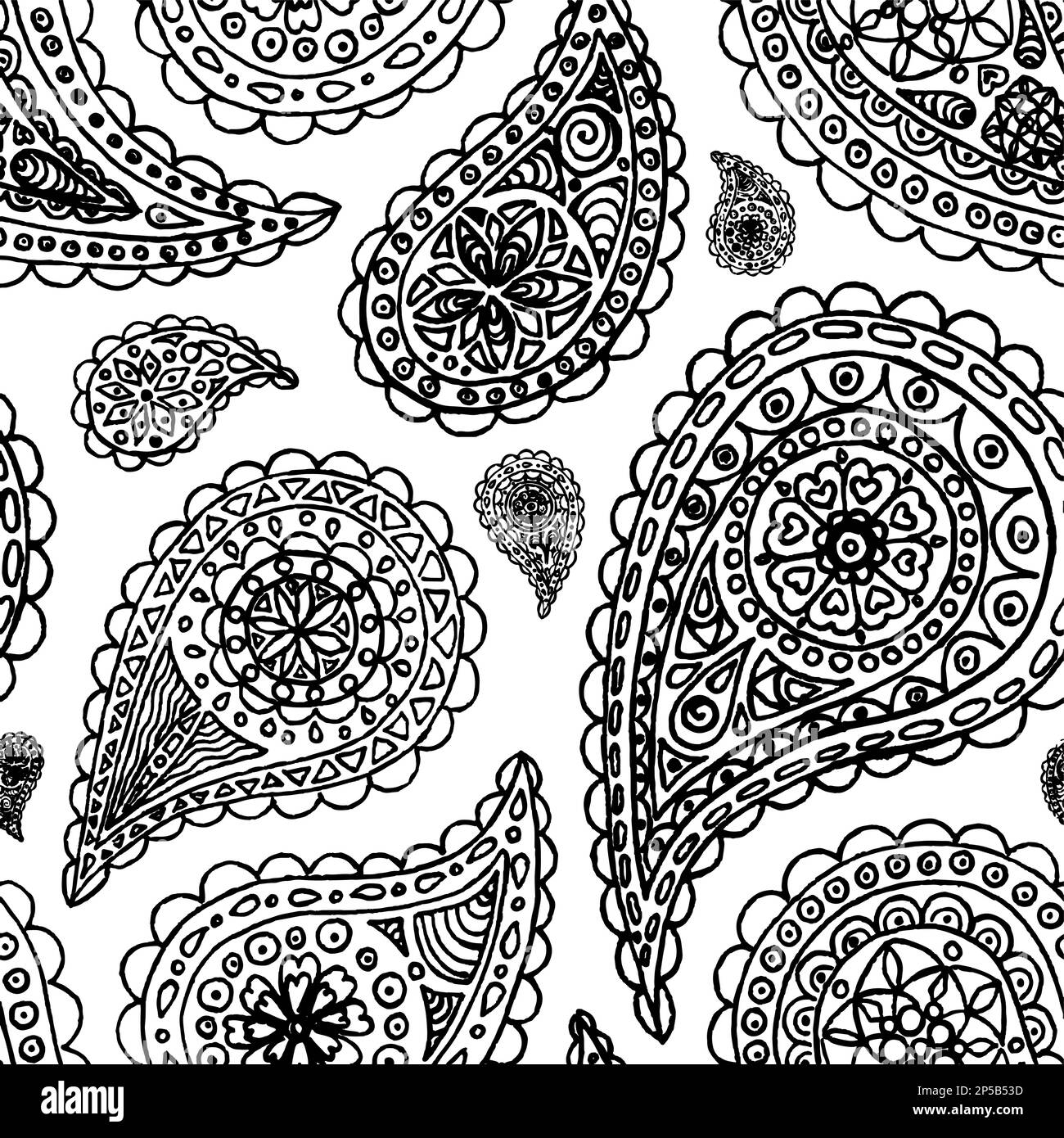 Paisley buta doodle monochrome line art seamless pattern vector Stock ...