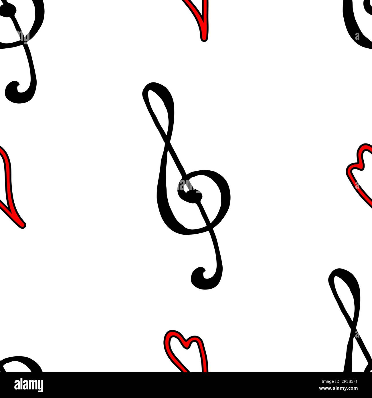 Black red treble clef heart love music line art seamless pattern vector ...