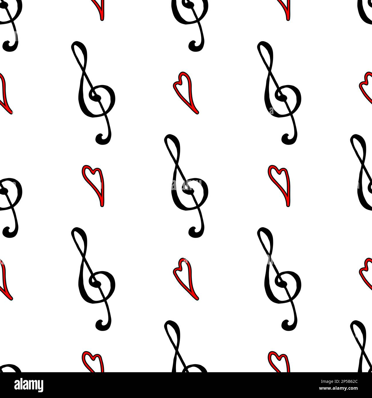 Black red treble clef heart love music line art seamless pattern vector ...