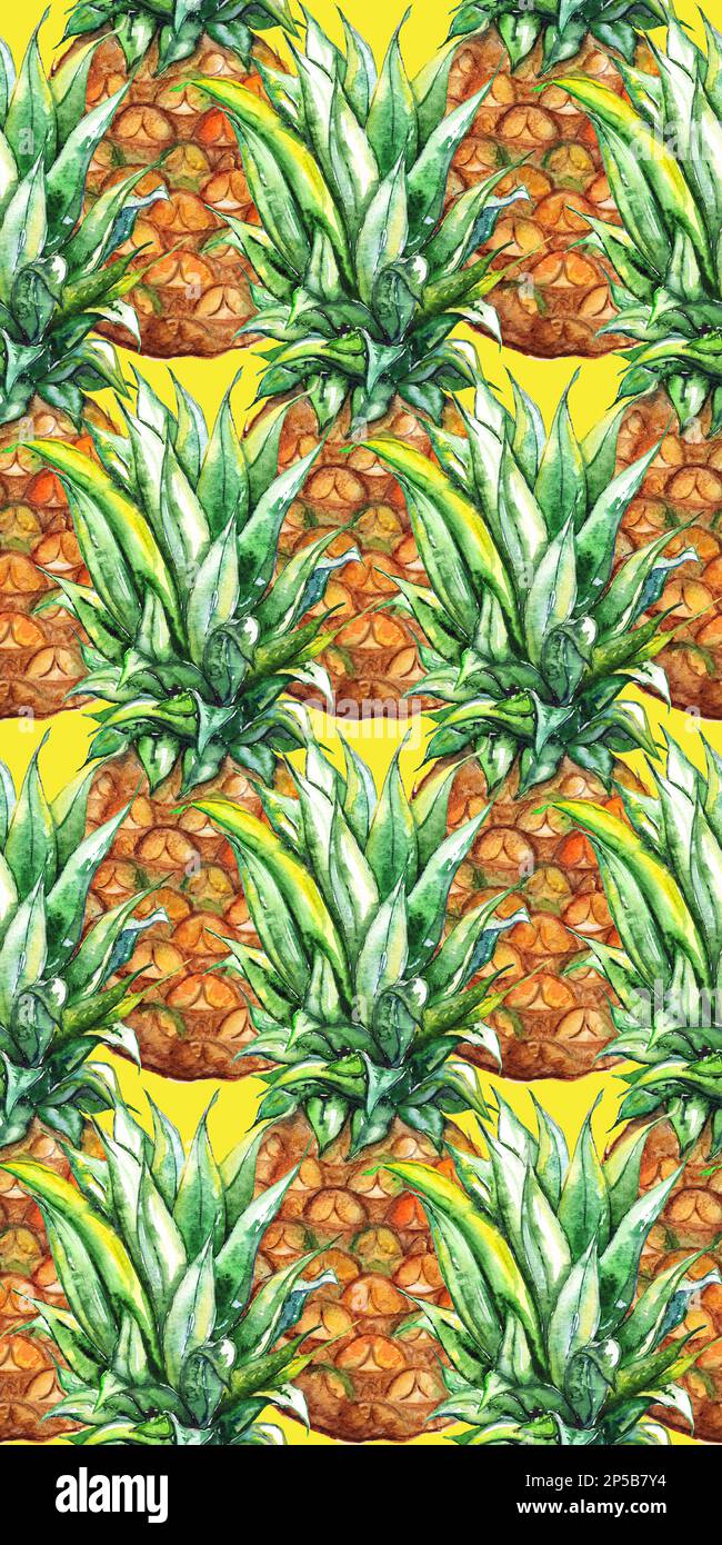 Watercolor pineapple exotic tropical fruit seamless pattern texture ...