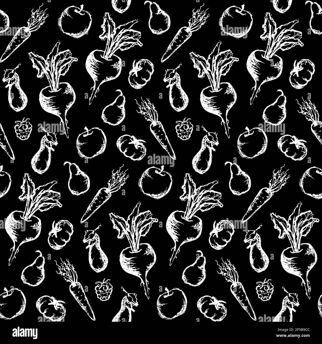 Vegetable fruit monochrome ink hand drawn set seamless pattern texture ...
