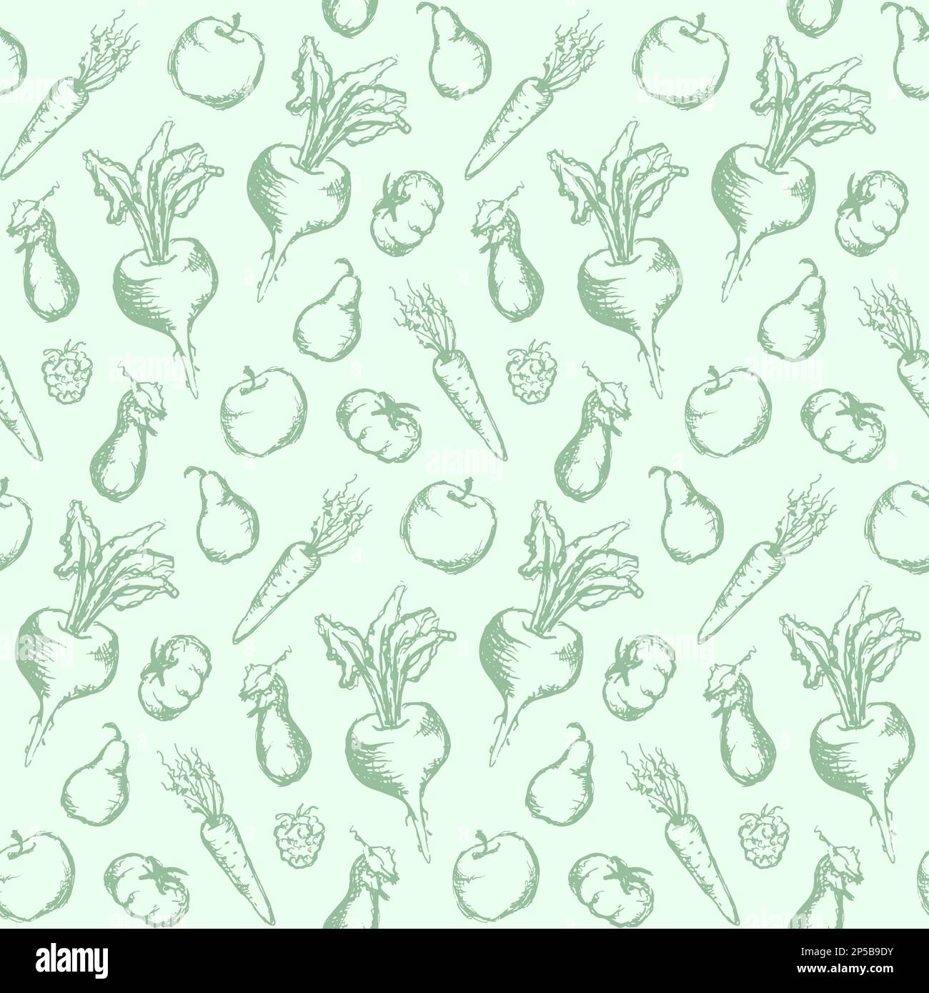 Vegetable fruit monochrome ink hand drawn set seamless pattern texture ...