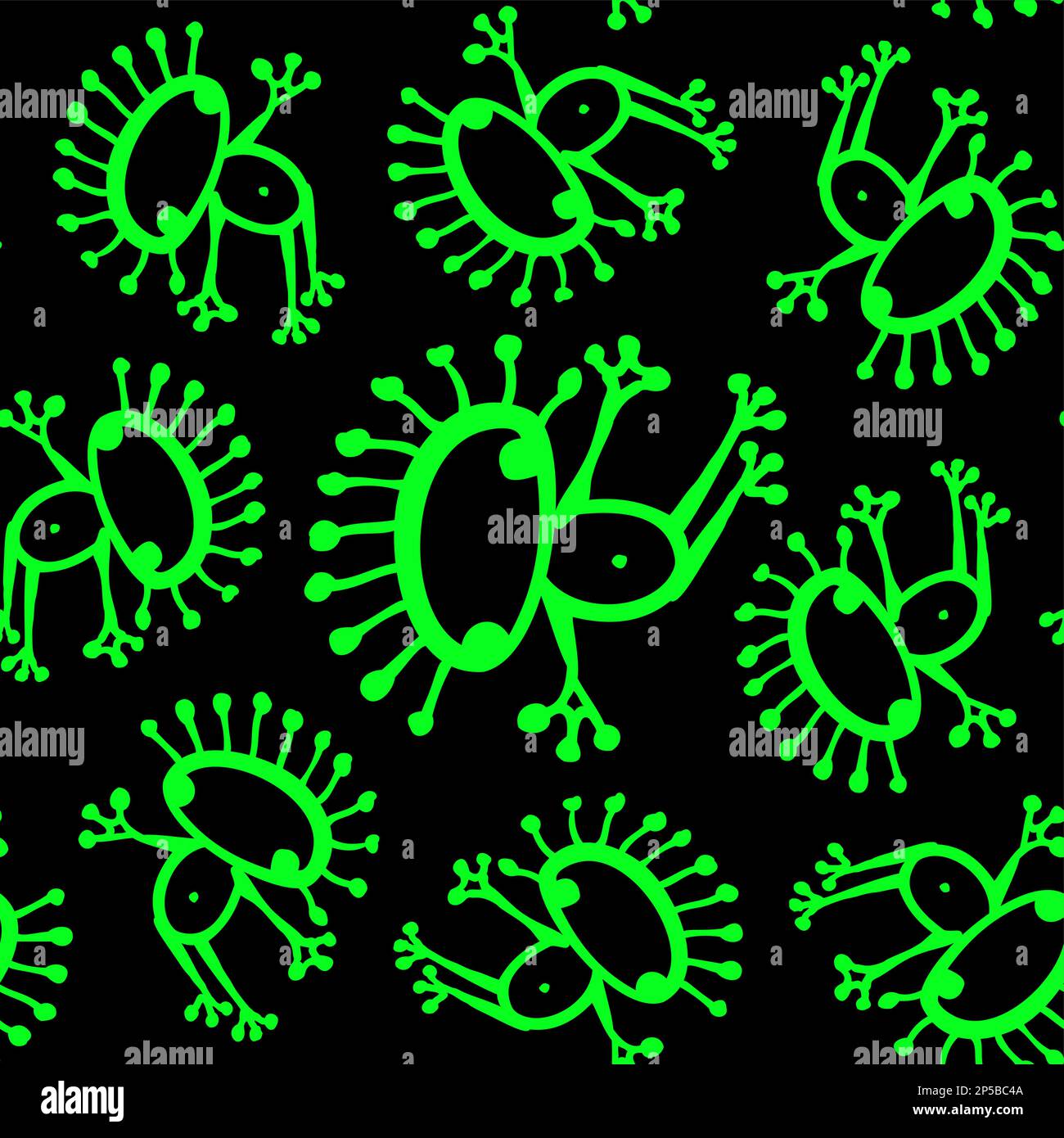 Neon green black monochrome doodle alien frog seamless pattern vector ...