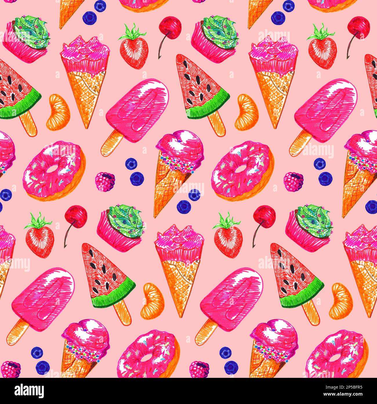 Ice-cream fruit berry bakery cupcake donut dessert food sketch seamless ...