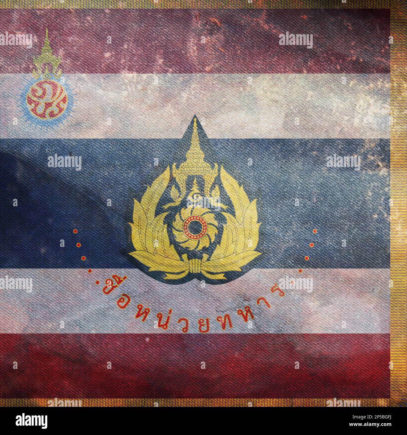Top view of retro flag Royal Thai Army Unit Colour Thailand with grunge ...