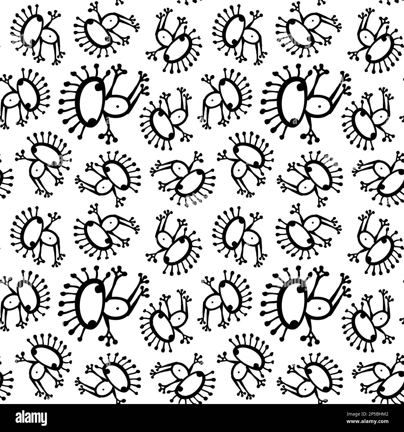 Black white monochrome doodle alien frog seamless pattern vector Stock ...