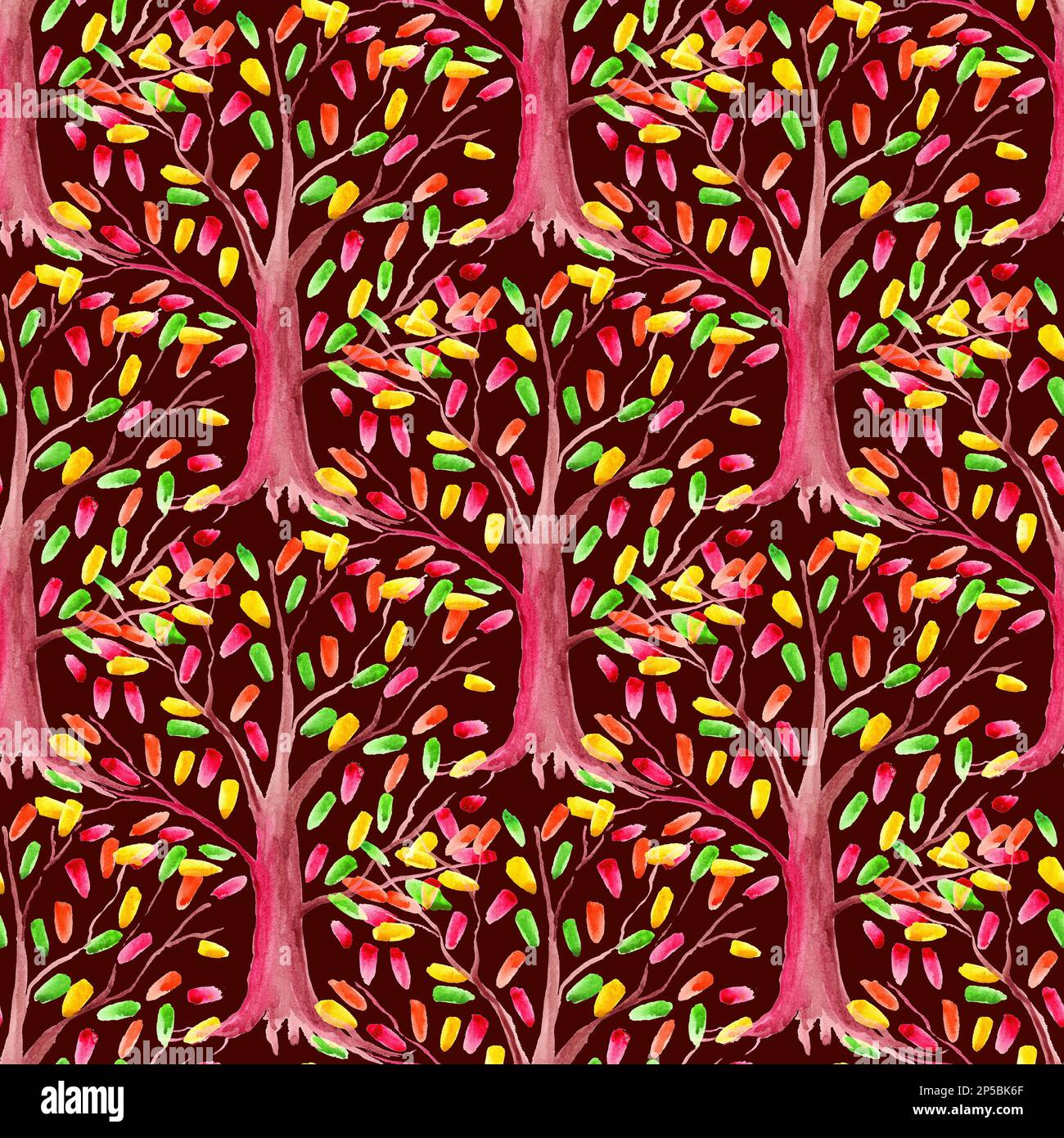 Watercolor colorful autumn tree wood forest seamless pattern Stock ...